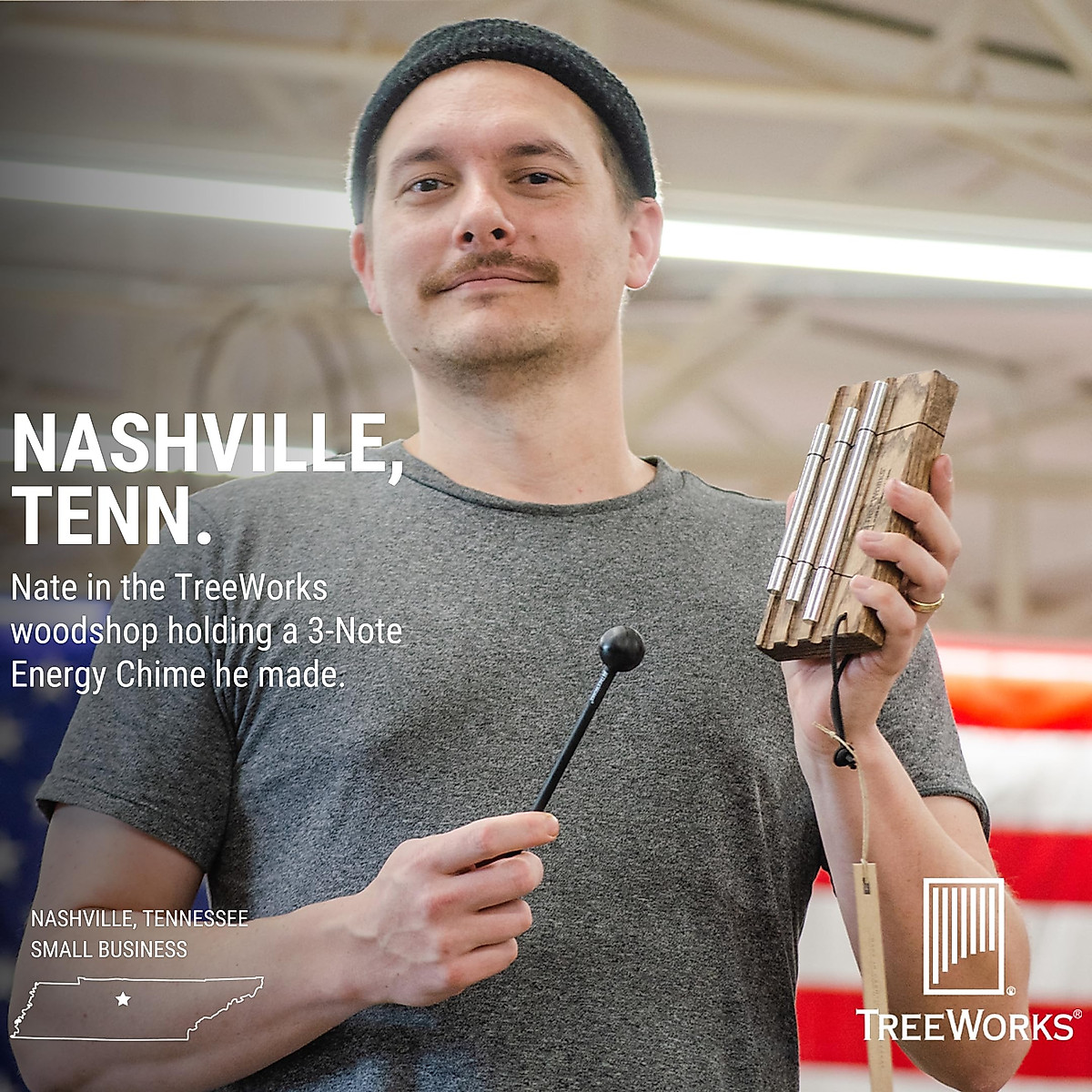 TreeWorks Chimes Energy Chime with Mallet for Meditation, Sound Healing or Yoga, 3 Notes –– Made in U.S.A. –– Long Resonance with Brilliant Tone, Solid Tennessee Hardwood Mantle (TRE420)