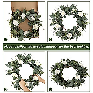 Adeeing Artificial Eucalyptus Wreath for Front Door 20 Inch Green Leaves Welcome Wreath with Wood Sign Rose Flower Farmhouse Wreath for Window Wall Party Home Decoration