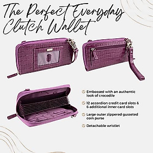 WalletBe Women's Leather RFID Zipper Double Accordion Clutch Wallet with Wristlet Croco Purple