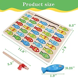 Slotic Magnetic Wooden Fishing Game Toy for Toddlers - Alphabet ABC Fish Catching Counting Learning Education Math Preschool Board Games Toys Gifts for 3 4 5 Years Old Girl Boy Kids