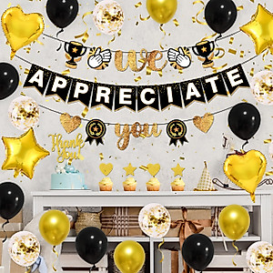 We Appreciate You Thank You Banner Appreciation Decorations Include Gold Glitter Banners Cake Cupcake Toppers Latex Foil Balloons for Teacher Doctor Staff Nurse Pastor Graduation Party (Black)