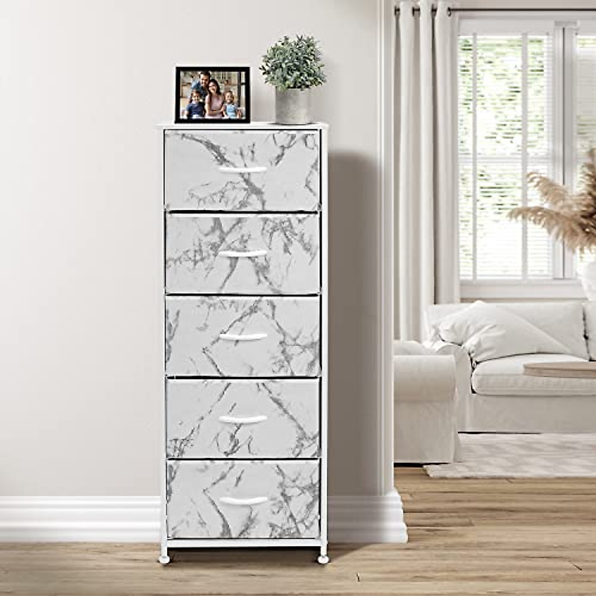 Sorbus Fabric Dresser for Bedroom - Chest of 5 Drawers, Tall Storage Tower, Clothing Organizer, for Closet, for Living Room, Steel Frame, Fabric Bins - Wood Handle (Marble White – White Frame)