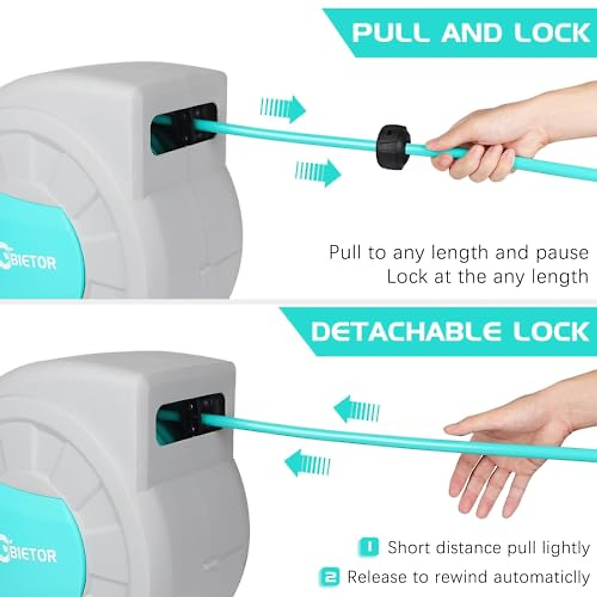 Bietor Garden Hose 115ft+6.5ft, Retractable Garden Hose Reel Flexible, Water Hose With Reel Automatic Rewind, Heavy Duty Garden Hose With 9 Patterns Spray Nozzle