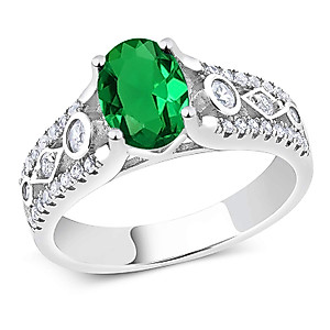 Gem Stone King 925 Sterling Silver Green Nano Emerald Engagement Ring For Women (1.56 Cttw, Available in size 5, 6, 7, 8, 9)