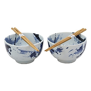 Ebros Gift Made In Japan Blue Splash Paint Abstract Art Design Porcelain Bowls With Bamboo Chopsticks Set Of 2 For Salad Ramen Pho Soup Cereal Home Kitchen Decorative Japanese Artistic Bowl