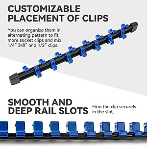 ALOANES 9PC ABS Socket Organizer, 1/2 inch, 3/8 inch and 1/4 inch Drive Socket Rail Holders, Heavy Duty Socket Racks, Black Rails with Red Blue Black Clips