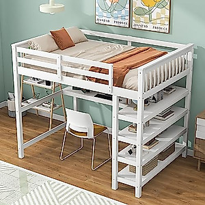 BOVZA Wood Loft Bed with Desk and Shelves, Full Size Loft Bed with Storage Shelves and Under-Bed Desk, Bed Frame for Kids Teens Adult, White