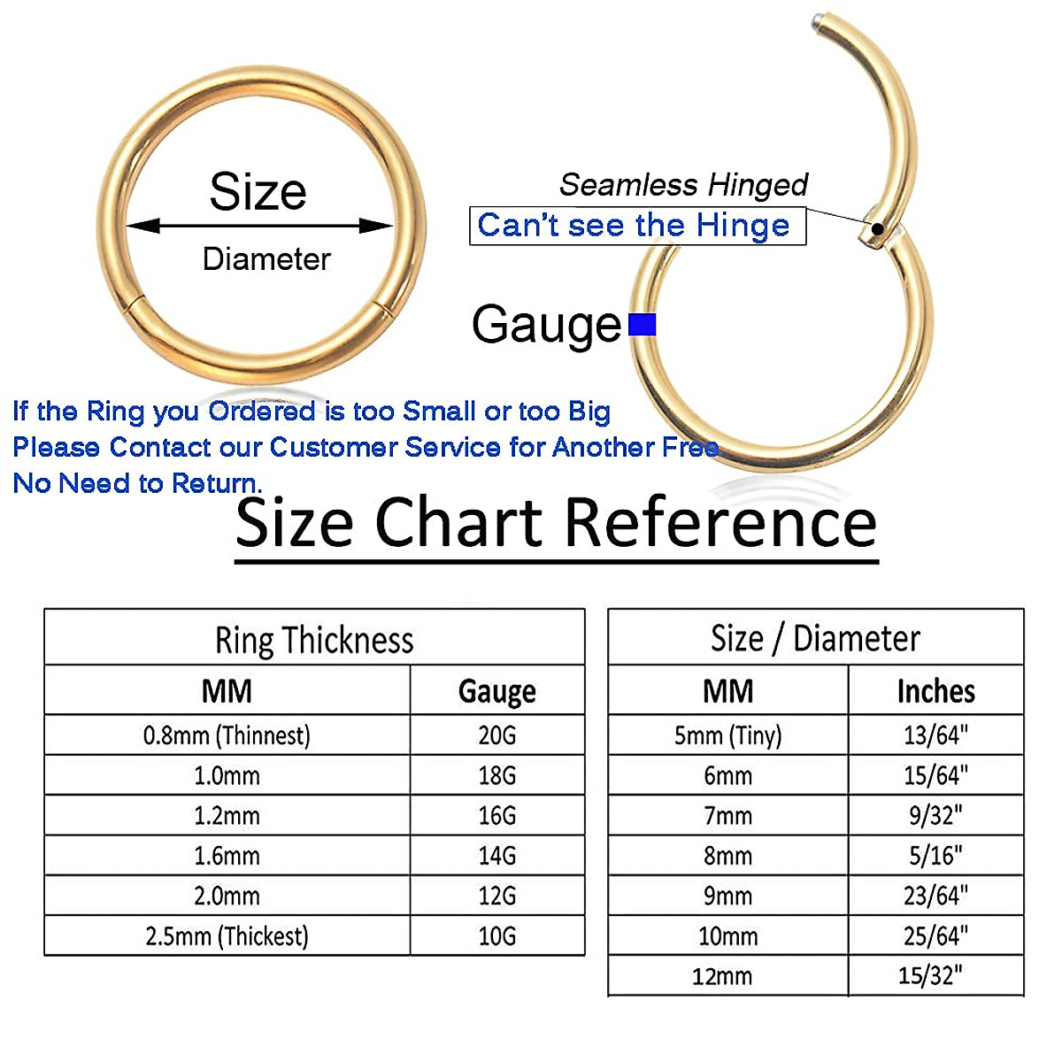 OreilleStar Nose Rings Septum Hoops Hypoallergenic 316L Surgical Steel Small Round Clicker Hinged Earrings Gold 16Gauge 6MM for Helix Cartilage Daith Snug Tragus Lobe