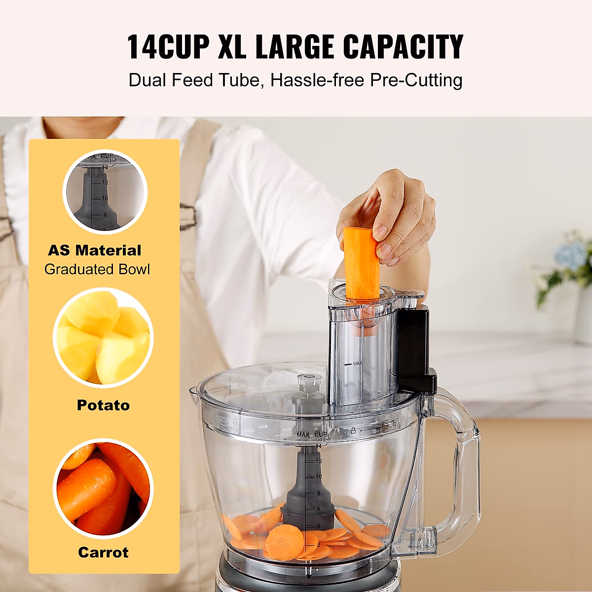 VEVOR Food Processor, 16 Cup Large Vegetable Chopper 600 Watts 2 Speed & Pulse Electric Meat Chopper, 2 In 1 Big Feed Chute & Pusher 5Pcs Blade & Dics for Mixing, Slicing, and Kneading Dough