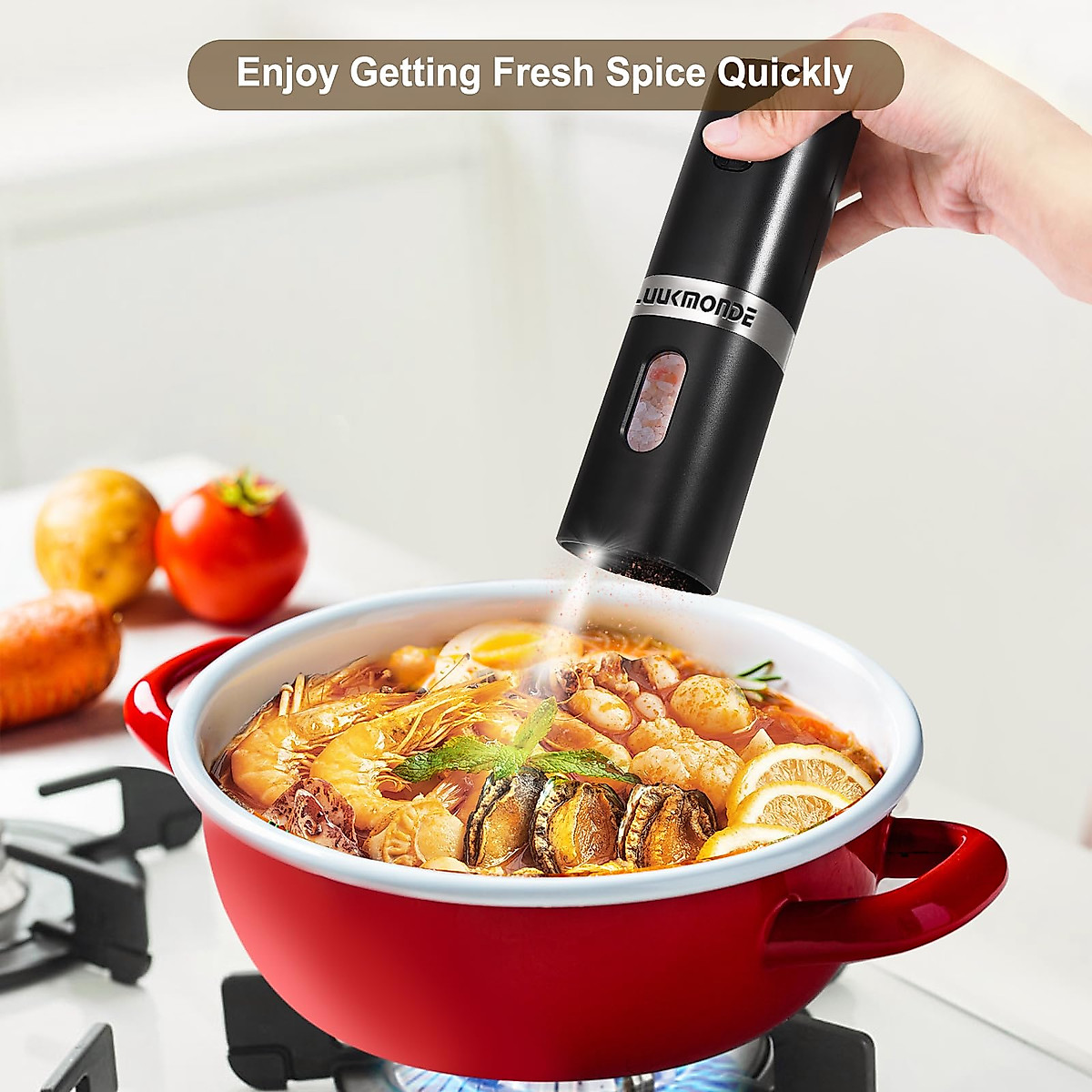 LUUKMONDE Electric Salt and Pepper Grinder, Salt and Pepper Kitchen Grinders, Battery Operated Automatic Pepper Mill Grinder with LED Light, Adjustable Coarseness, One Hand Operation