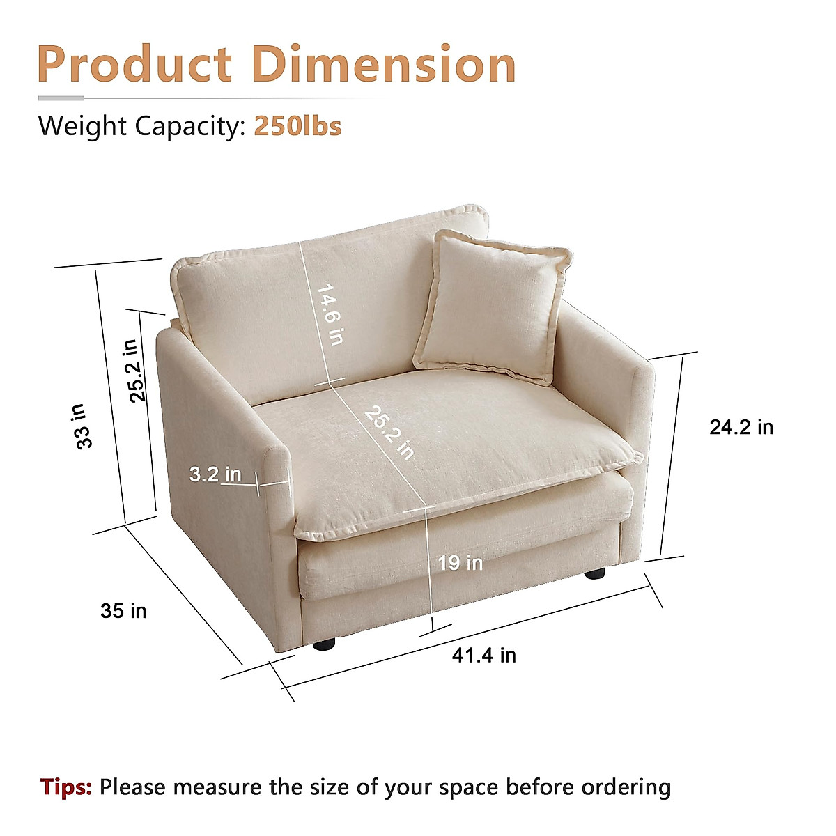 mikibama 41.4" W Single Seat Sofa, Chenille Comfy Deep Upholstered Couch Armchair with Toss Pillow for Living Room Bedroom Office Apartment, Light Coffee