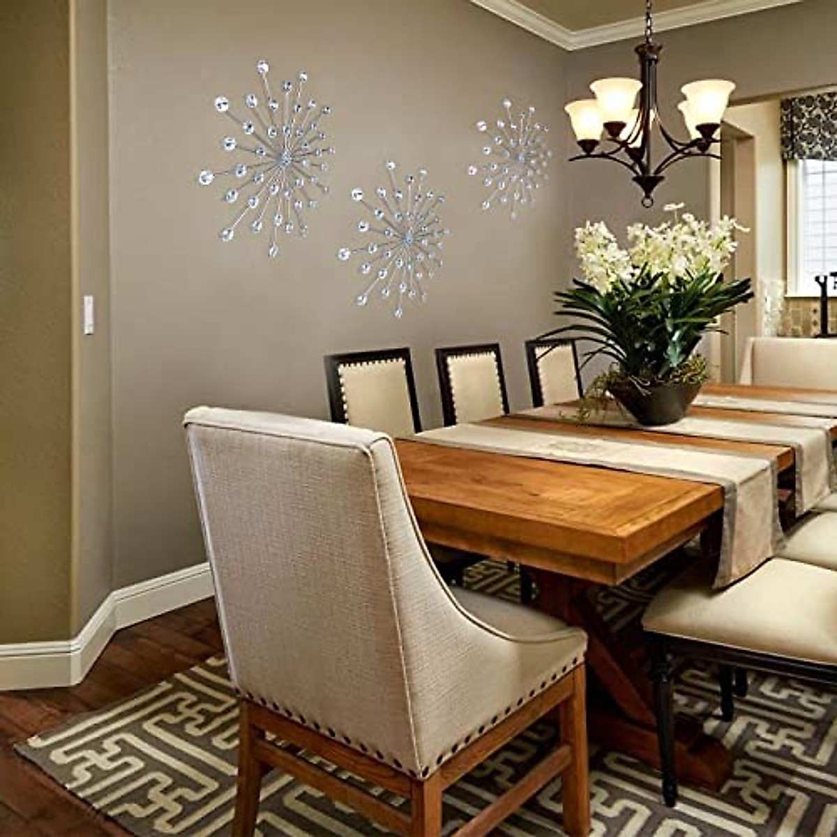 ZEXUIRU 3 Set Silver Metal Jeweled Wall Art Bling Crystal Home Décor Starburst Rhinestone Wall Hanging Diamond Accents