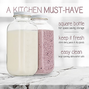 32oz Square Glass Milk Bottle with White Metal Airtight Lids - Vintage Reusable Milk Jugs - Dairy Drinking Containers for Milk, Yogurt, Smoothies, Kefir, Kombucha, and Water- by kitchentoolz