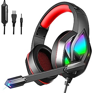 Donerton Gaming Headset, Over-Ear Gaming Headphones with Noise Canceling Mic, Stereo Bass Surround Sound, Soft Memory Earmuffs LED Light PS4 Gaming Headset Compatible with PC, Laptop, PS4, PS5, Red