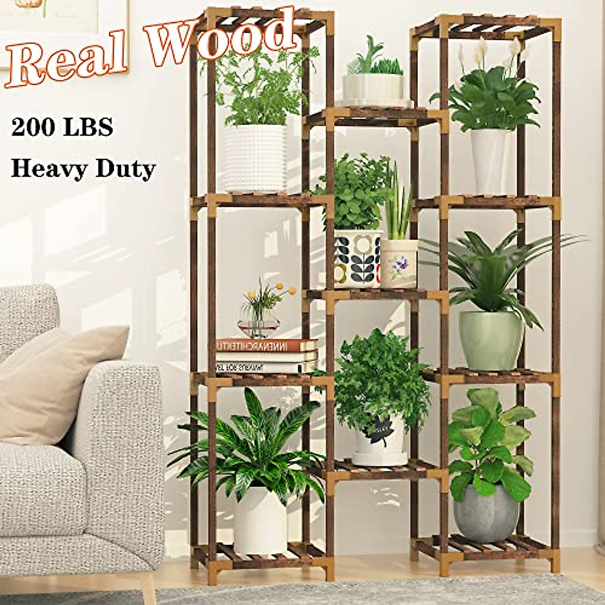 HOMKIRT Plant Stand Indoor Outdoor, 11 Tier Reinforced Plant Shelf Tall Plant Stands for Multiple Plants Large Wood Plant Rack Holder Garden Shelves Flower Stand for Living Room Patio Corner