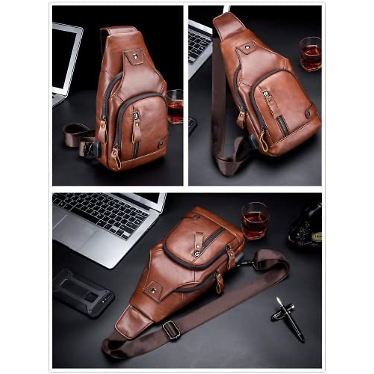 Leather Sling Bag Small Purse for Men Women Crossbady Bag Chest Bags Shoulder Backpack Cross Body Man Womens Water Resistant Vintage