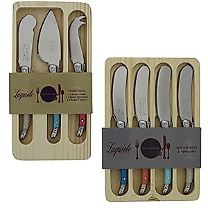 Laguiole 7-Piece Cheese Knife Set (Coral & Turquoise) Stainless Steel Cheese Knives Set, Cheese Spreader & Butter Knife Spreader, Luxurious Cheese Board Utensils & Charcuterie Knife Set for Parties