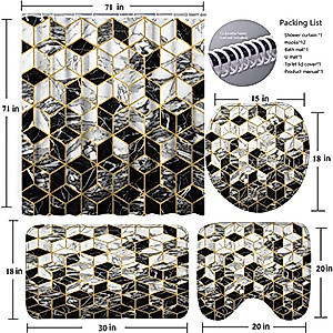 4 Pcs Bathroom Shower Curtain Set, Honeycomb Marble Bathroom Sets with Rugs(Bath Mat,U Shape and Toilet Lid Cover Mat) and 12 Durable Hooks