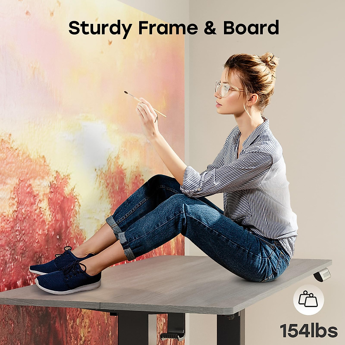 JYLH JOYSEEKER Grey Standing Desk, 48 X 24 Inch Adjustable Height Electric Desk, Sit Stand Desk with 2 Hooks, Ergonomic Rising Desk with Splice Board