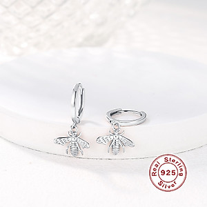 Bee Hoop Earrings Dangle for Women - Small Drop Huggie Hoop Earrings with Bee Charm in Sterling Silver for Her