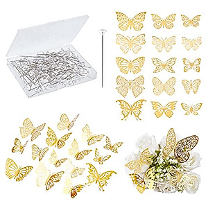 CHGCRAFT 160Pcs 5Styles Bouquet Wedding Corsages Pins 3D Gold Butterfly Wall Decor Include 100Pcs Head Pins 60Pcs 3D Gold Removable Butterfly Sticker for Birthday Party Wedding Garland