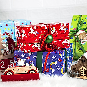 WRAPAHOLIC Reversible Christmas Wrapping Paper - 30 Inch X 100 Feet Jumbo Roll Red Santa Claus and Unicorn, Red and White Stripe Design