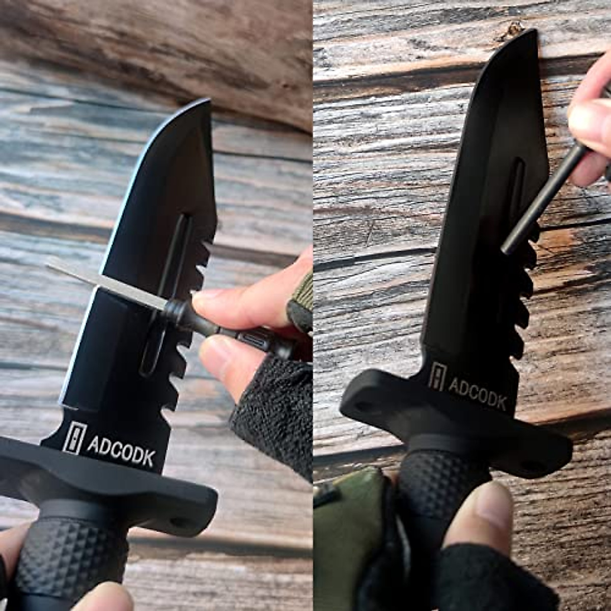 ADCODK Tactical Bowie Knife with Sheath Fixed Blade Survival Hunting Knives with Non-Slip Handle and Sharpener & Fire Starter for Camping Outdoor Adventure