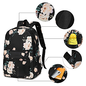 School Backpack for Teen Girls Bookbags Elementary High School Floral Laptop Bags Women Travel Daypacks (Black flower)