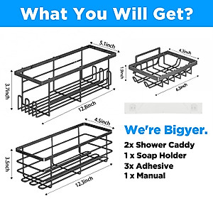 Fogf Shower Caddy 3 Pack, Adhesive Shower Organizer Rack, Wall Mounted, No Drilling, Large Capacity, Rustproof Stainless Steel Bathroom Organizer With 10 Hooks, Shower Caddy Shelf