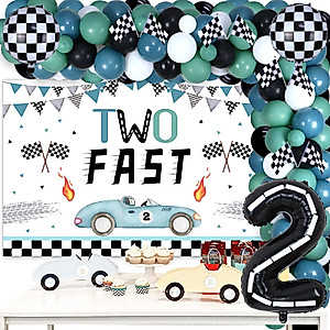 Two Fast Birthday Decorations Boy Vintage - Balloon Garland Kit with Two Fast Backdrop, Checkered Foil Balloons, Race Car Flags, Retro Let's Go Racing 2nd Birthday Party Supplies
