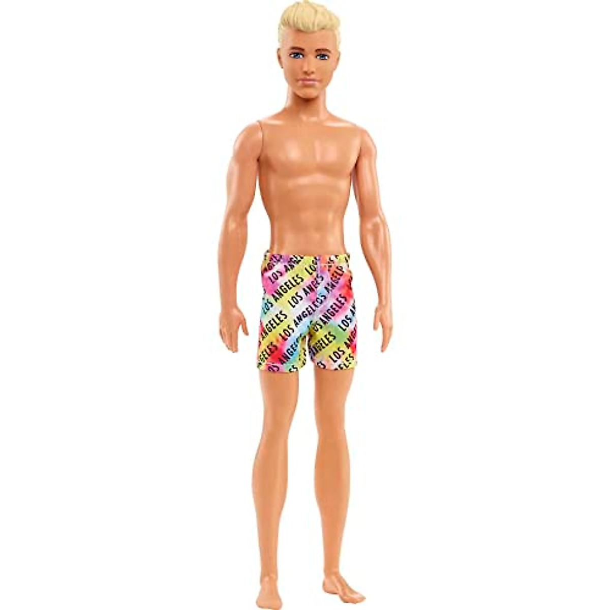 Barbie Ken Beach Doll with Blond Hair Dressed in Colorful Los Angeles-Print Swim Trunks