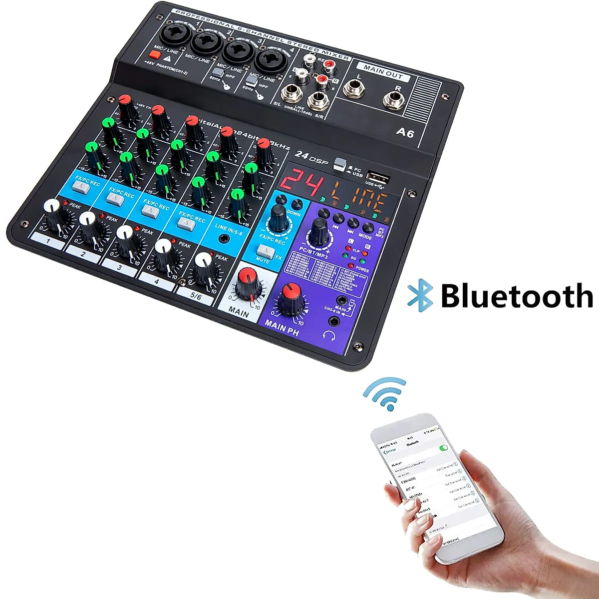6 Channel Audio Mixer - Portable Digital Line Mixer Console Build-in 24 DSP Effects BT Function 48V Phantom Power for Karaoke Streaming by YOUSHARES