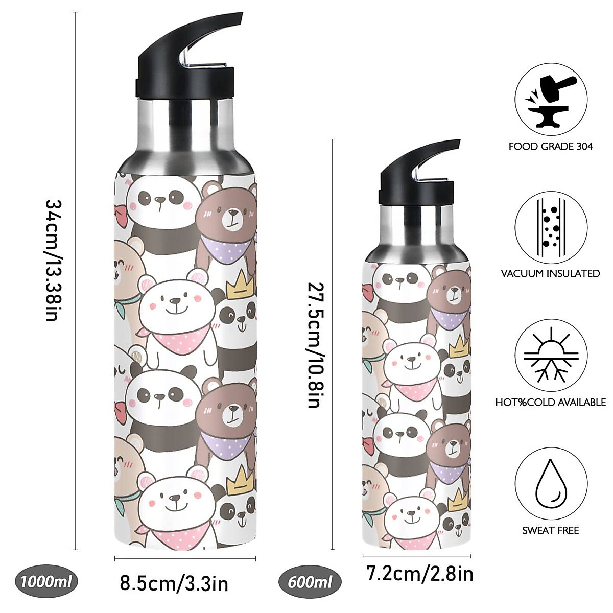 Kigai Cute Cartoon Bear Stainless Steel Water Bottle w/Straw 34 OZ- Thermo Mug, Metal Canteen-Keeps Liquids Hot or Cold w/Vacuum Insulated Sweat Proof Sport Design