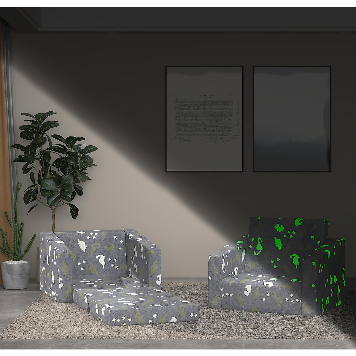 AFBKSS&BB Toddler Sofa Glow in The Dark,2 in 1Kids Chairs, Children Sofas, Baby Armchairs, Full Foam Children Upholstered Couch, Flip Out Sofa Beds Pre-School Furniture (Gray)