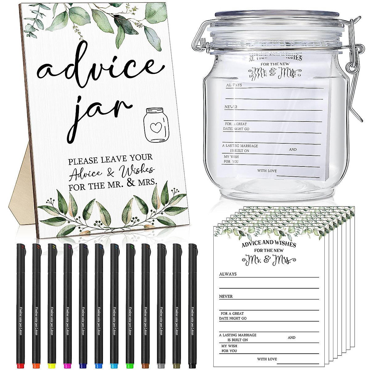 Sintuff 114 Pieces Greenery Bridal Shower Decoration Include Advice and Wishes for the Mr and Mrs Wedding Advice Sign with Holder 100 Advice and Wishes Cards 12 Pens PET Wedding Wish Jar for Guest