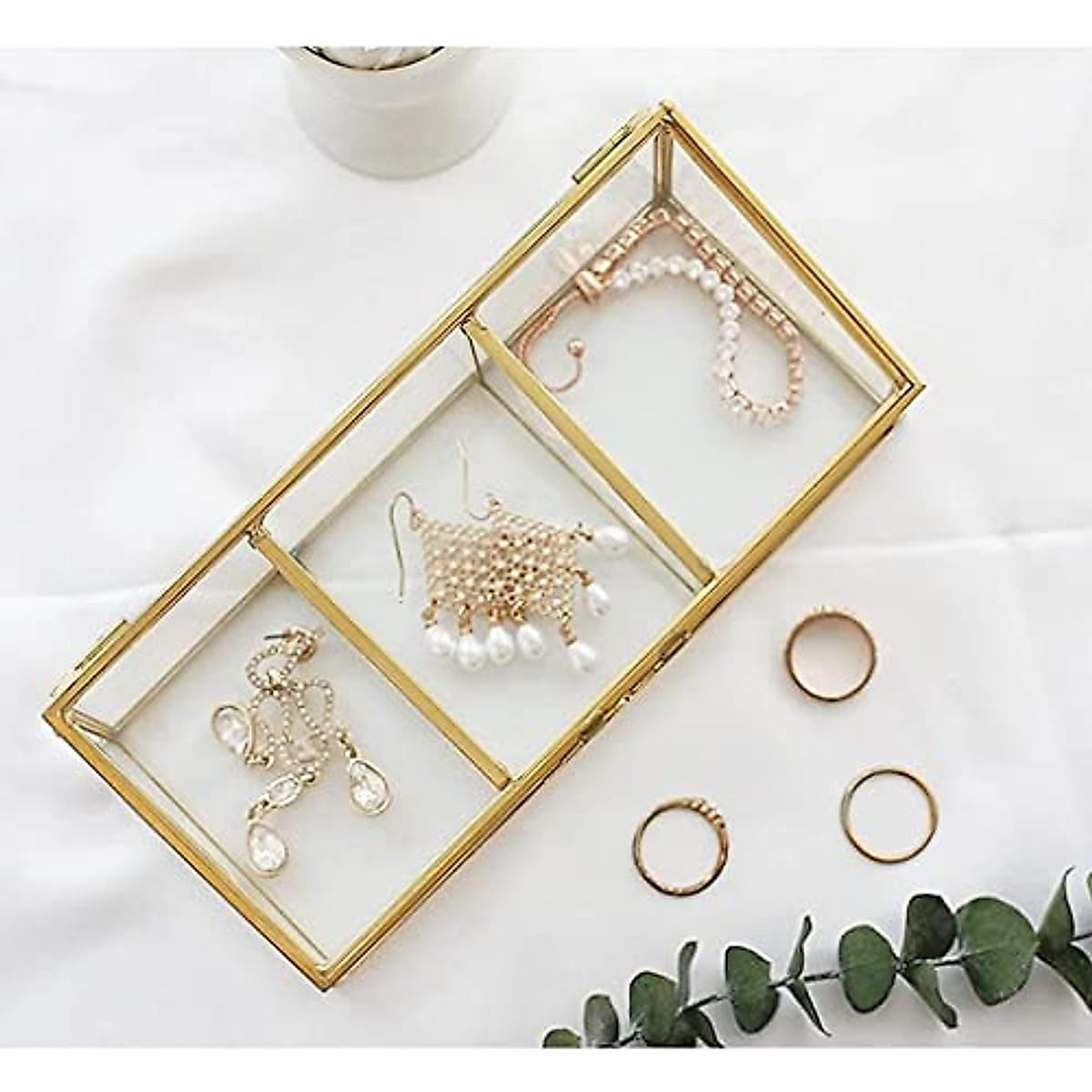 Yalych Jewelry Box Jewelry Case Golden Clear Glass & Brass Metal Storage Jewelry Display With Lid 3 Compartment Rings Bracelet Box. Jewelry Organizer