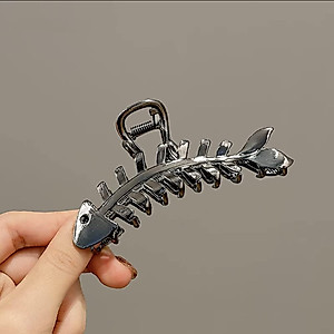 KOLONAMS Hair Clip - Metal Black Fish Bone Shape Hair Clip - 4.3 inch - Hairpin Claw Clip for Women and Girls - Large Fishbone Claw Clip Hair Accessory - Mysterious Black