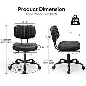 DUMOS Armless Home Office Chair Ergonomic Desk with Comfy Low Back Lumbar Support, Height Adjustable PU Leather Computer Task with 360° Swivel Wheels, for Small Space, Kids and Adults, Black