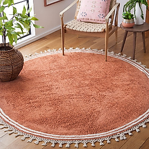 SAFAVIEH Easy Care Collection Area Rug - 6' Round, Rust & Ivory, Handmade Border Tassel, Machine Washable Ideal for High Traffic Areas in Living Room, Bedroom (ECR201P)