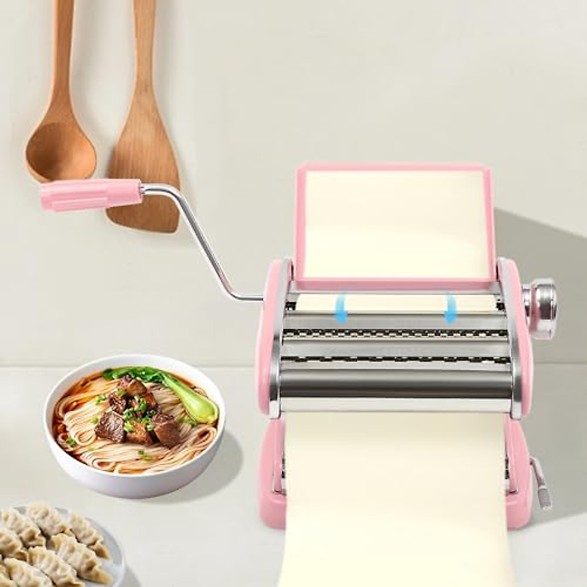 Pasta Maker Machine, Stainless Steel Manual with 6 Adjustable Thickness Settings for Home/Small Restaurants & Outdoor Camping (Pink)