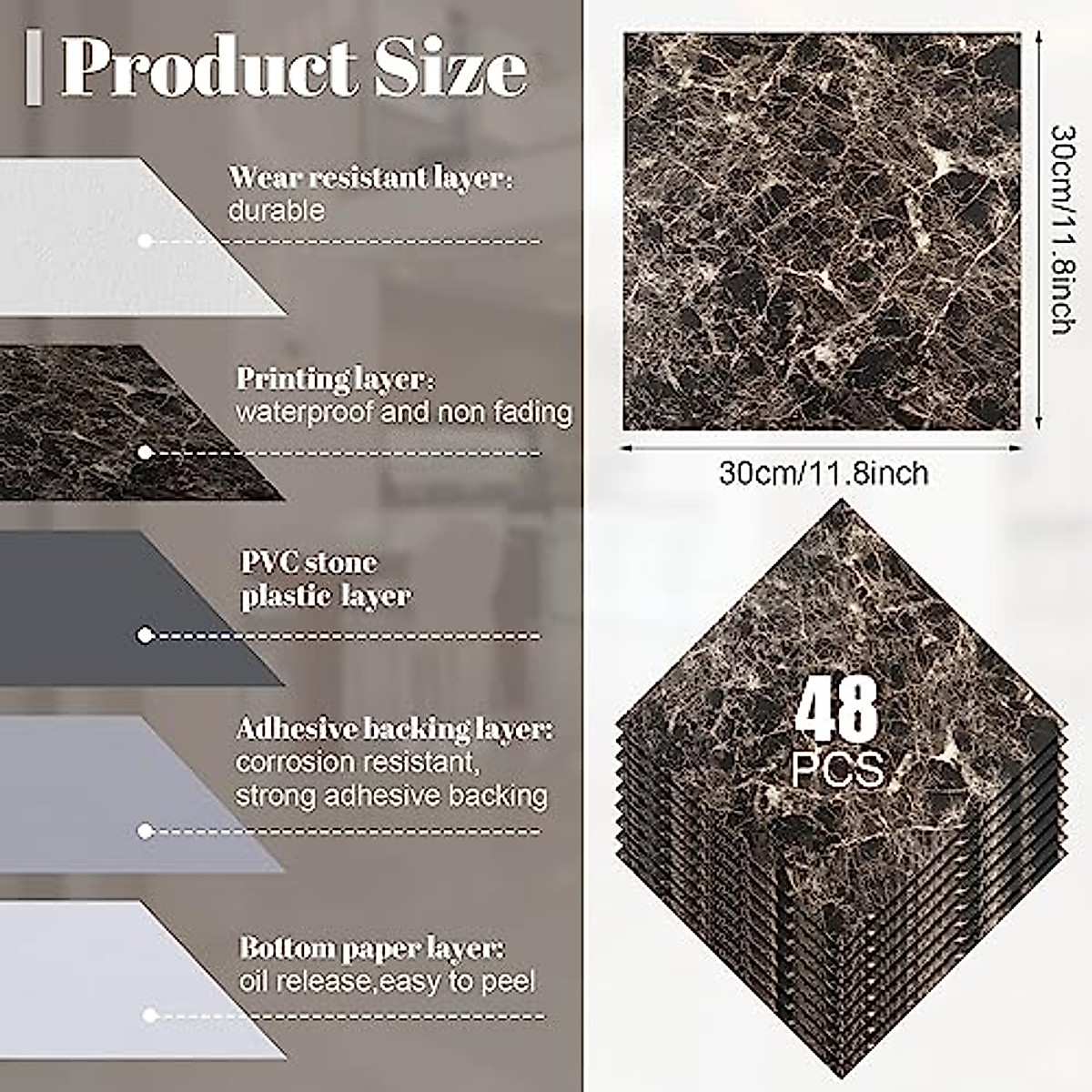 48 Pieces Vinyl Flooring Peel and Stick Floor Tile Stick on Floor Tile Self Adhesive Waterproof Bathroom 12 x 12 Inch for Bathroom Kitchen Bedroom Living Room(Delicate)