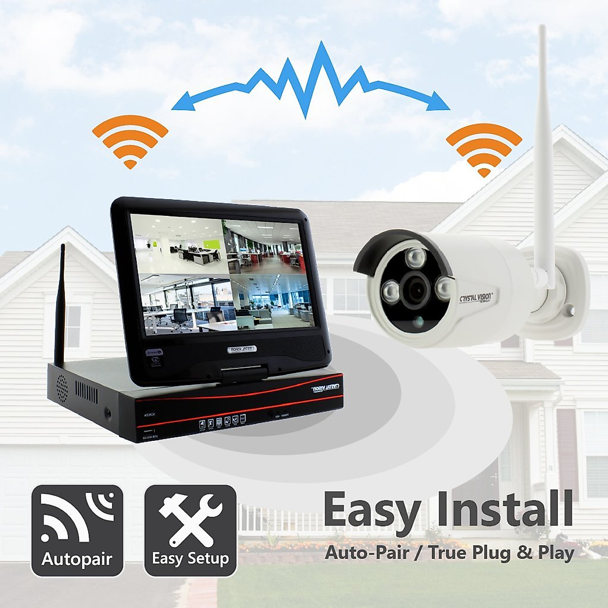 (2022 Upgraded Ver.) [8CH] Crystal Vision CVT9608E-3010W All-in-One True HD Wireless Surveillance System NVR CCTV w/ 2TB HDD, Built-in Monitor & Router, Camera Auto Pair