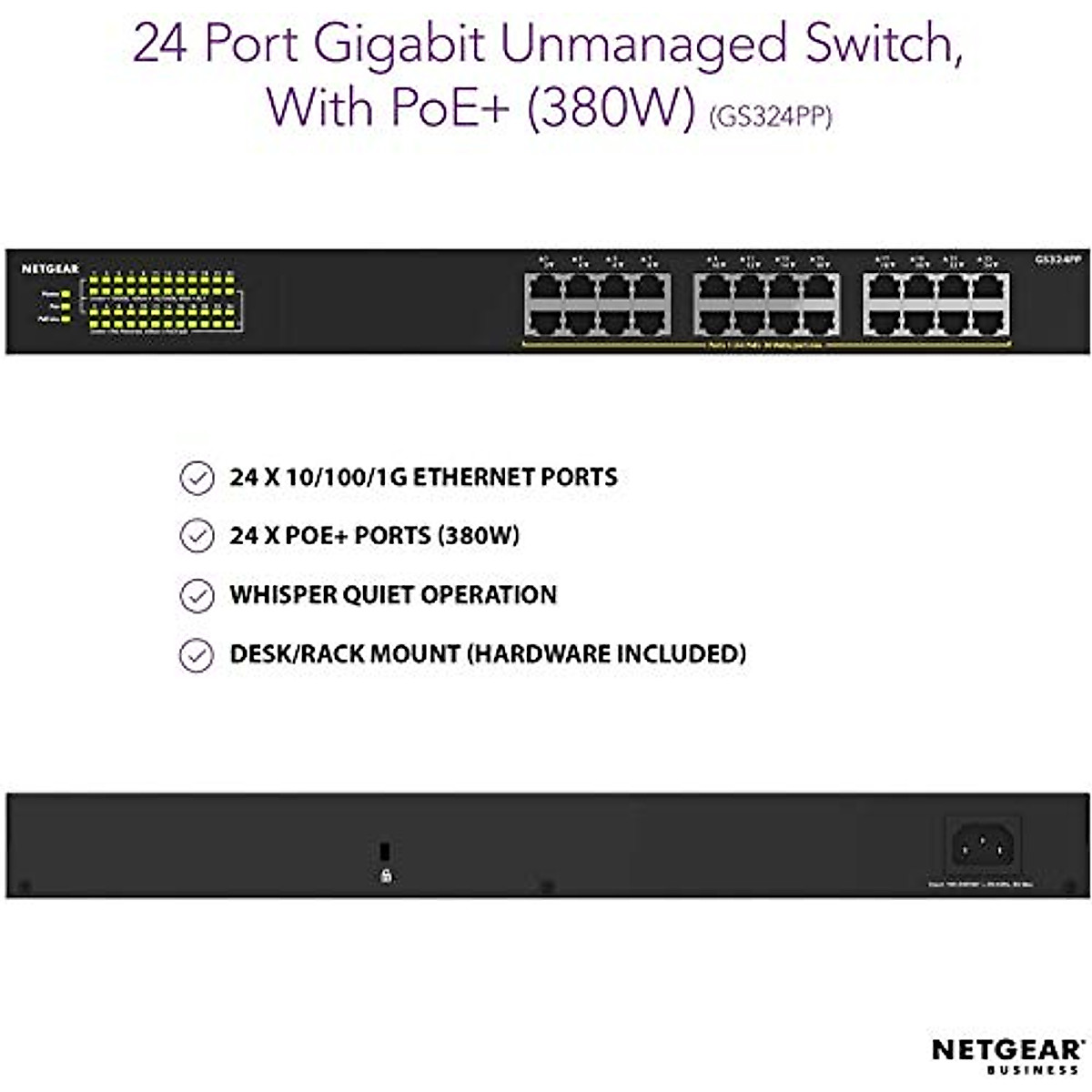 NETGEAR PoE Switch 24 Port Gigabit Ethernet Unmanaged Network Switch (GS324PP) - with 24 x PoE+ @ 380W, Desktop or Rackmount