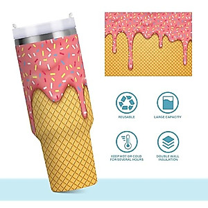 Pink Glaze Sprinkles Waffle Tumbler with Handle and Straw Lid, 40 oz Insulated Coffee Cup Stainless Steel Water Bottle Travel Mug Cupholder Friendly,Gifts for Women Men
