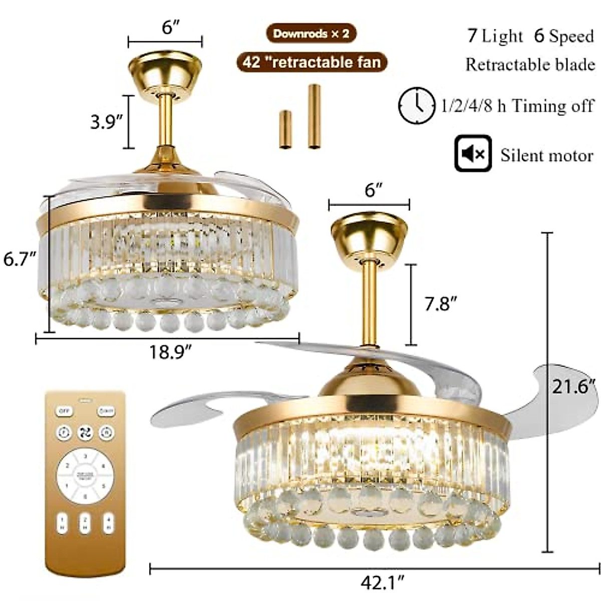 FINE MAKER 42" Ceiling Fan with Bluetooth Speaker,7 LED Colors Reversible 6 Fan Speeds Remote Control, Crystal Chandelier Ceiling Fan,Retractable Blades Fandelier Lighting Fixture fan for bedroom Gold
