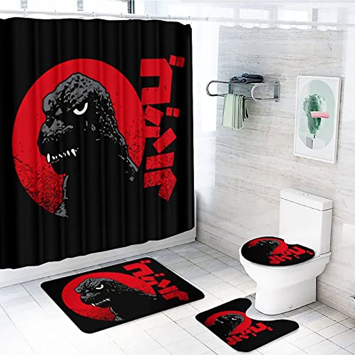 God-Zilla 4-Piece Shower Curtain Set, Shower Curtain, Non-Slip Carpet, Toilet Lid and Bath Mat, Good Looking and Durable, Suitable for Overall Bathroom Decoration
