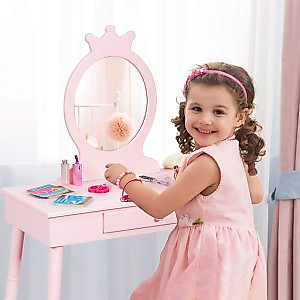 Casart Wooden Kids Vanity Set, Makeup Table and Stool Set with Mirror, Pull-Out Drawer and Cushioned Stool, Perfect Dressing Table Set for Children,Child Pretend Beauty Play Vanity Set, Pink