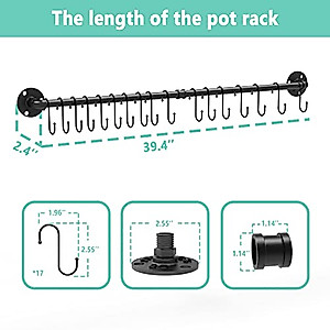 Auroglint Wall Mounted Pan Rack, Pan Organizer Hanging Pots Holder Kitchen Storage Shelf with 17 Hooks—black