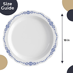 Exquisite Victorian Plastic Plates 60 Piece Plastic Disposable Plates for Party Set For 60 Guests 60 x 10 inch Plastic Dessert Plates Plastic Plates Disposable Heavy Duty White & Navy