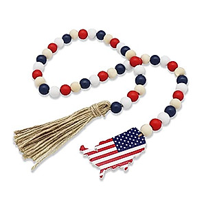 Wooden Beads Decor,Fall Decorations for Tiered Tray Decor Wood Bead Garland, Farmhouse Decor Beads with Tassel, Prayer Boho Beads Big Wall Hanging Decor (Red, White, Blue)